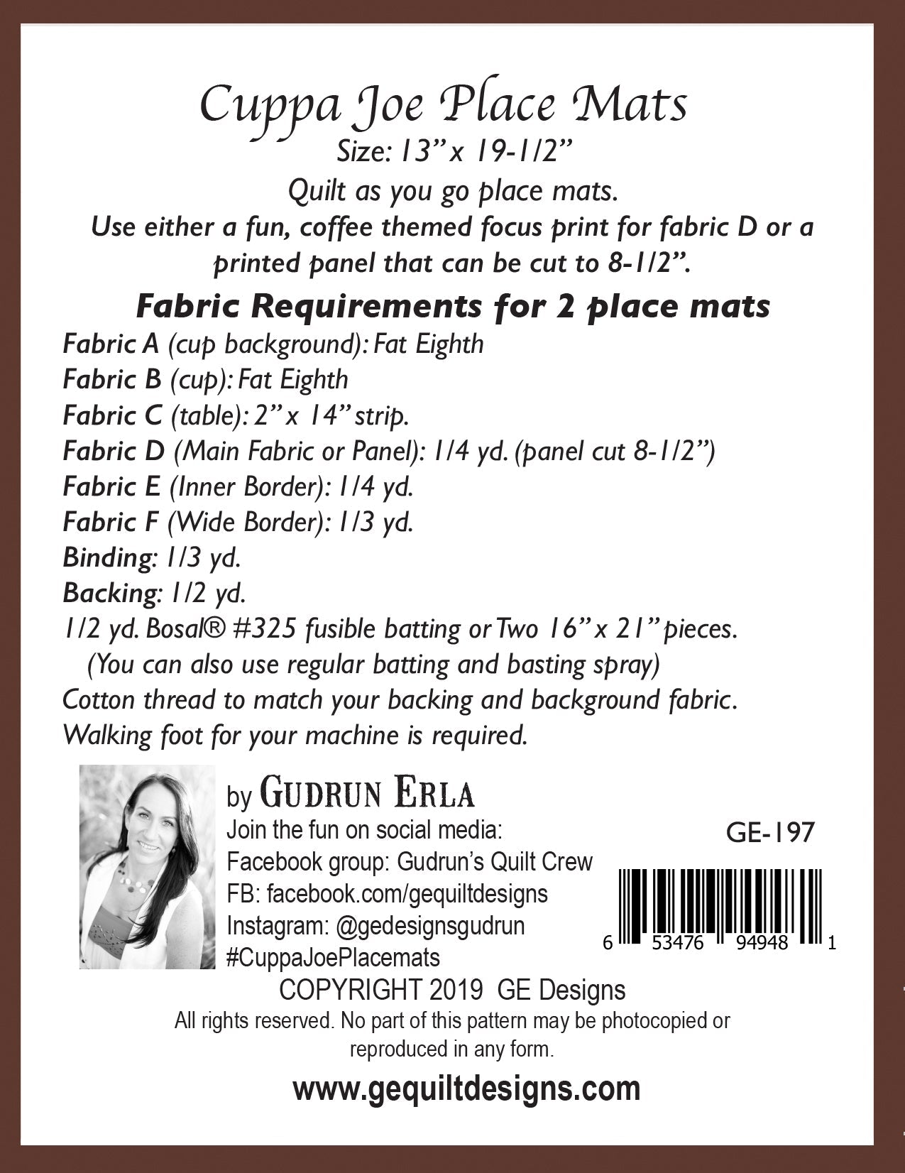 Cuppa Joe Quilted Placemat Pattern 197 – Five Sisters Quilt Shop